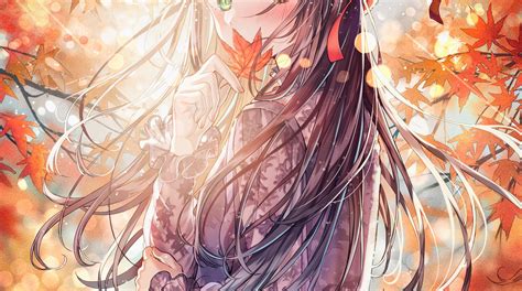 Wallpapers Wallpaper Beautiful Anime Girl Ribbon Automn Hair Long Grean