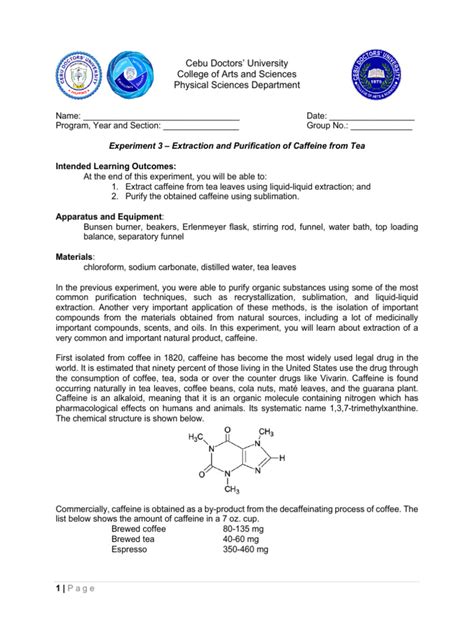 Experiment 3 Extraction And Purification Of Caffeine From Tea Pdf