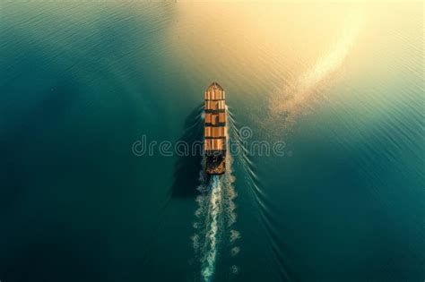 Container Ship At Full Capacity Approaching International Port For Loading And Unloading