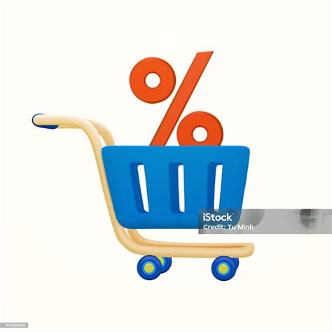 파란색 장바구니의 3d 빨간색 백분율 기호입니다 큰 빨간색 백분율 기호와 판매 라벨의 슈퍼마켓 쇼핑 카트 할인 판매 3d 벡터 일러스트 레이 션 3차원 인쇄에 대한 스톡