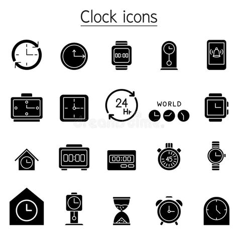 Clock Watch Stopwatch Icon Set In Glyph Style Stock Vector