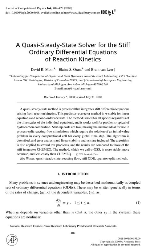 Pdf A Quasi Steady State Solver For The Stiff Ordinary Differential