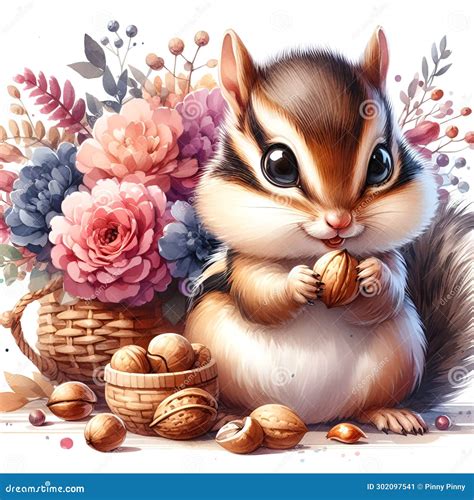 A Cartoon Style Of Adorable Chipmunk With Nuts And Flowers Arounds Cute Face Expressive