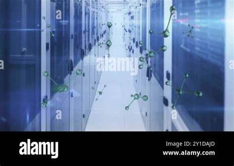 Animating Molecular Structure Over Data Center Server Racks In Modern Tech Facility Technology