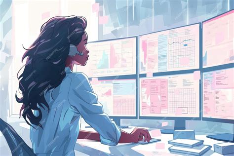 Modern Illustration Of Female Data Analyst Working With Multiple Monitors In Office Premium Ai