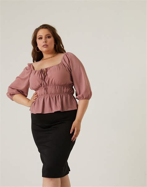 Plus Size Square Neck Gathered Top 2020ave