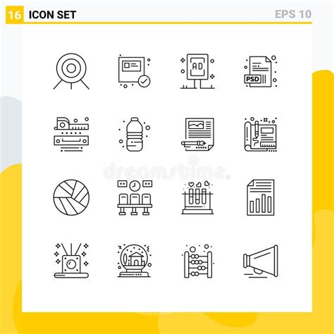 Universal Icon Symbols Group Of 16 Modern Outlines Of Ruler Level Billboard Psd Document