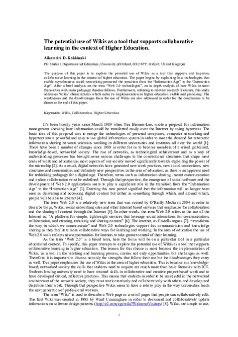 Pdf The Potential Use Of Wikis As A Tool That Supports Collaborative Le Arning In The Context