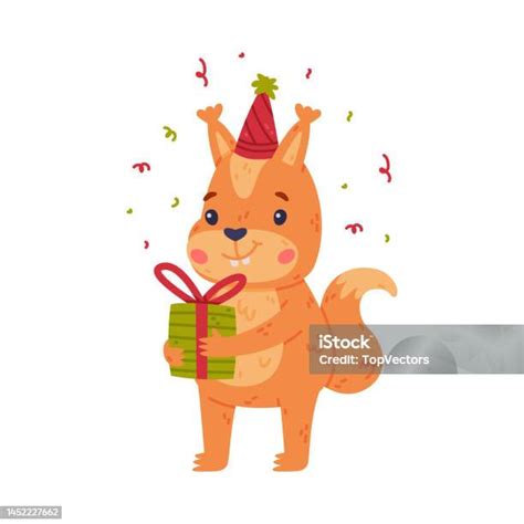 생일 모자에 덥수룩한 꼬리를 가진 재미 있는 다람쥐 캐릭터 선물 상자 벡터 일러스트 레이 션 귀여운에 대한 스톡 벡터 아트 및