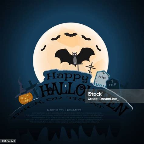 보름달 박쥐 뱀파이어 비 석의 무리와 벡터 헬로윈 포스터 무덤 십자가 호박 그라데이션 진한 파란색 배경에 텍스트 10월에 대한 스톡 벡터 아트 및 기타 이미지 Istock
