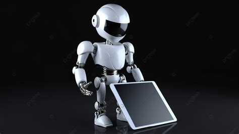 white robot holding a tablet computer background 3d rendering mini