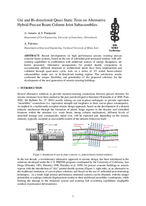 Pdf Uni And Bi Directional Quasi Static Tests On Alternative Hybrid Precast Beam Column Joint