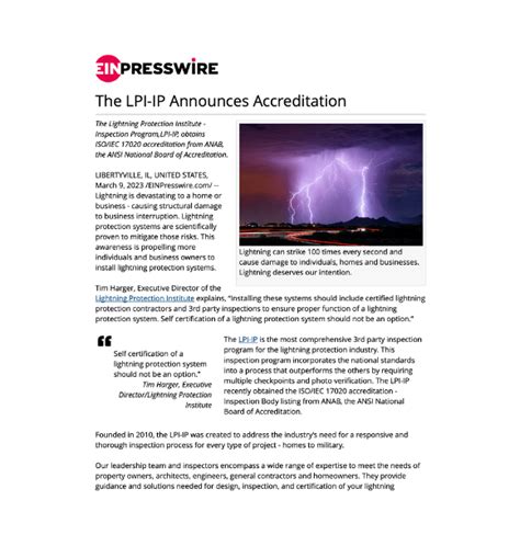 The Lpi Ip Announces Accreditation Lightning Protection Institute