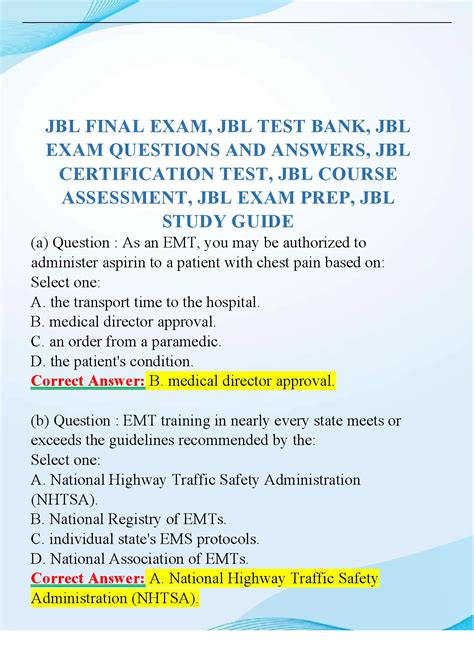 Ems Jbl Final Exam Jbl Ems Test Bank Ems Certification Questions Jbl Exam Answers Emergency
