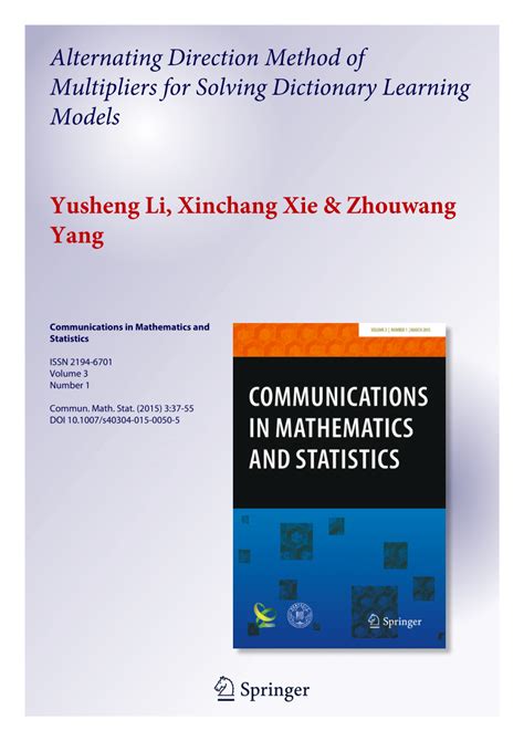 Pdf Alternating Direction Method Of Multipliers For Solving Dictionary Learning Models