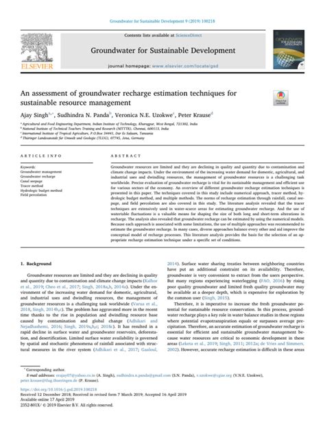 An Assessment Of Groundwater Recharge Estimation Techniques For Pdf