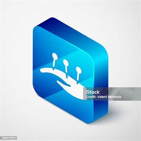 회색 배경에 격리 된 손 아이콘에 등색 침술 치료 한의학 전체적인 통증 관리 치료 파란색 정사각형 버튼 벡터 3차원 형태에 대한 스톡 벡터 아트 및 기타 이미지 Istock