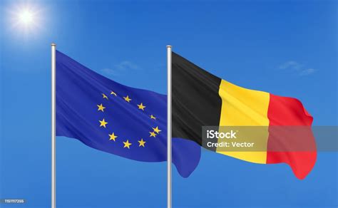 유럽 연합 Vs 벨기에 유럽 연합과 벨기에의 두꺼운 컬러 부드러운 깃발 하늘 배경에 3d 그림입니다 일러스트 0명에 대한 스톡