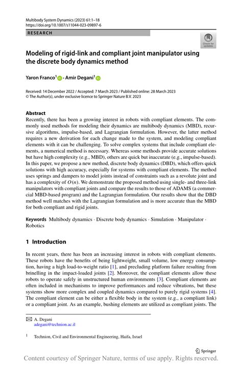 Modeling Of Rigid Link And Compliant Joint Manipulator Using The Discrete Body Dynamics Method