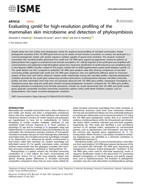 Pdf Evaluating Cpn60 For High Resolution Profiling Of The Mammalian Skin Microbiome And