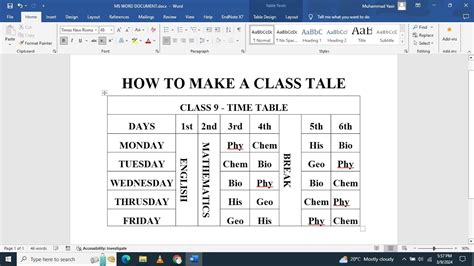 How To Make A Class Time Table In Microsoft Word Youtube