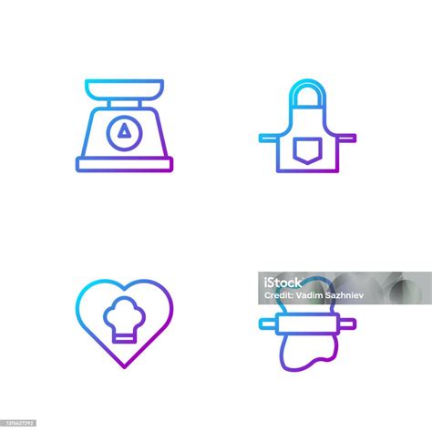 반죽 요리사 모자 비늘 및 주방 앞치마에 라인 롤링 핀을 설정합니다 그라데이션 색상 아이콘입니다 벡터 건강한 생활방식에 대한