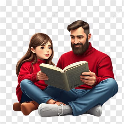 포근한 가족 독서 시간 아버지와 딸 짝맞추기 빨간 스웨터 책을 펼치다 책상다리를 하고 앉다 따스하다 일러스트 큰 수염 긴 갈색 머리 청바지 흰색 양말 따뜻하다 포근하다 조명