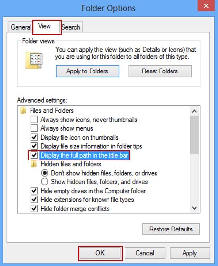 how to display the full path in the title bar on windows 8 8 1