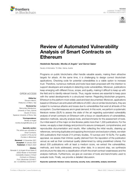 Pdf Review Of Automated Vulnerability Analysis Of Smart Contracts On Ethereum