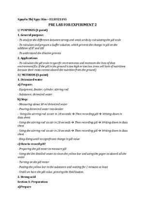 Prelab session pre lab PRE LAB babe name Hà Cao Nhật Trí ID IELSIU Experiment