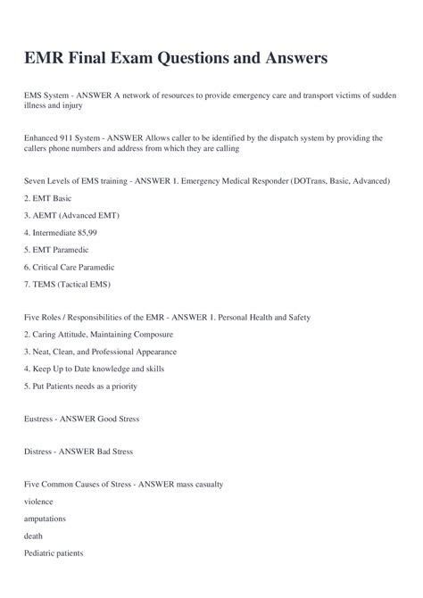 EMR Final Exam Questions And Answers Browsegrades