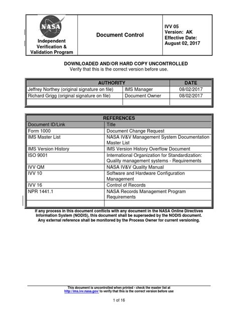 Document Control Procedure Nasa Ivv 05 Pdf Verification And Validation Version Control