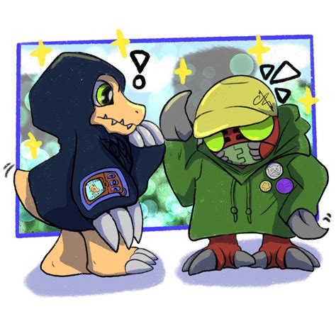 Agumon Tentomon Digimon Reptile Highres Claws Green Eyes Hat Hood Looking At Another