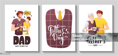 해피 아버지의 날 카드 세트 아들과 다른 연령대의 아빠 서예와 손으로 그린 글자 A4 용지에 대한 스톡 벡터 아트 및 기타 이미지 A4 용지 개체 그룹 공휴일