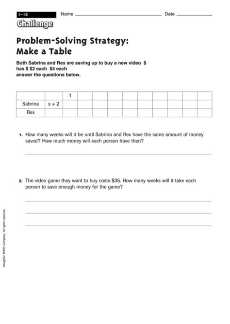 Problem Solving Strategy Make A Table Math Worksheet With Answers