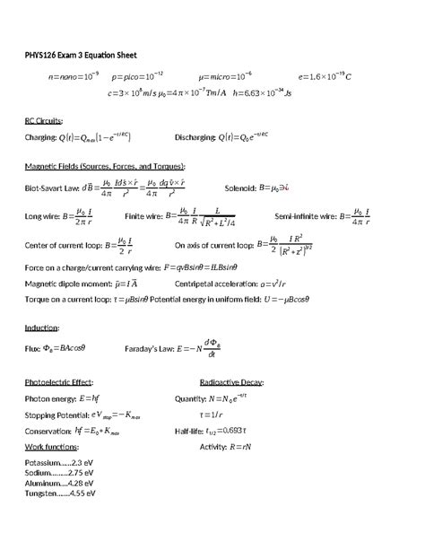 Phys126 Exam 3 Equation Sheet Phys126 Exam 3 Equation Sheet N Nano 10 − 9 P Pico 10 − 12