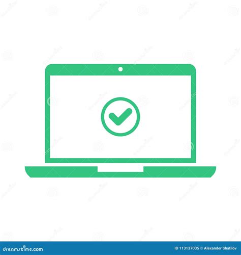 Laptop And Check Mark Notebook And Round Green Tick Icon Checkmark On White Screen Stock