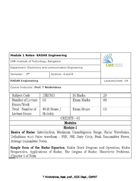 Module Notes Basics Of Radar And Simple Radar Equation Radar Engineering Module Notes