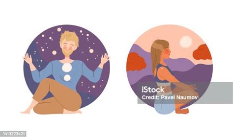 명상하고 긴장을 푸는 젊은 남녀 요가와 호흡 운동을 연습하는 사람들은 벡터 일러스트 레이 션을 설정합니다 기민에 대한 스톡 벡터 아트 및 기타 이미지 Istock