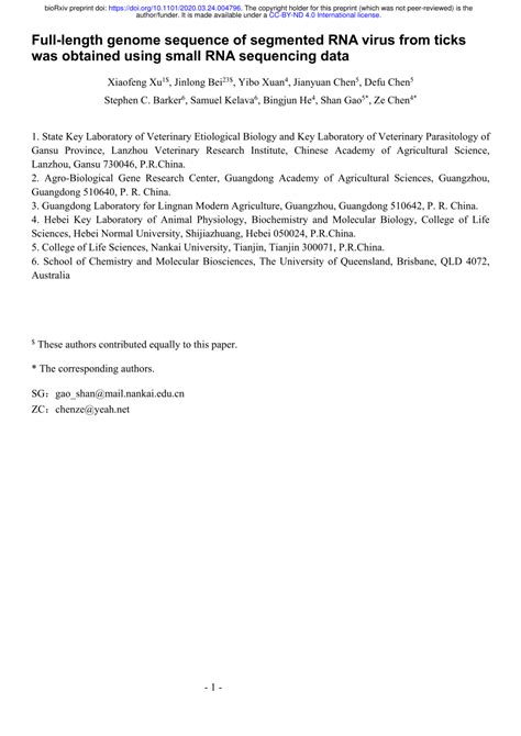 Pdf Full Length Genome Sequence Of Segmented Rna Virus From Ticks Was Obtained Using Small Rna