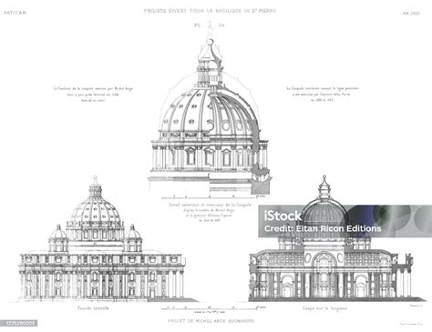 성 베드로 대성당의 미켈란젤로 부오나로티에 의해 프로젝트 측면 외관 전면 길이 외관과 돔의 내부 1550년 바티칸 1882년 돔 건축적 특징에 대한 스톡 벡터 아트 및 기타