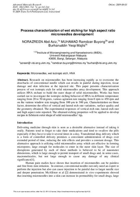 Pdf Process Characterization Of Wet Etching For High Aspect Ratio Microneedles Development