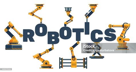 단어 로봇 공학은 로봇과 메커니즘으로 접 힙니다 로봇 팔과 글자 현대 기술 자동 전자 조작기 기계 도구 만화 평면 격리 벡터 개념 개념에 대한 스톡 벡터 아트 및 기타