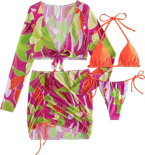 Sweatyrocks Womens 4 Piece Swimsuit Solid Spaghetti Strap High Cut Bikini With