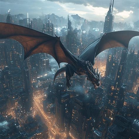 A Dragon Flying Over A City With A City In The Background Premium Ai
