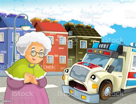 오래 된 여자와 만화 장면은 잘 느낌과 구급차가 도움을 오고 건강관리와 의술에 대한 스톡 벡터 아트 및 기타 이미지 건강관리와 의술 건축 교통수단 Istock