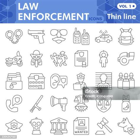 법 집행 기관 수집 또는 스케치 웹 및 앱을위한 얇은 선 스타일 표지판의 법률 및 명령 테마 바 흰색 배경에 고립된 벡터 그래픽입니다 가냘픈에 대한 스톡 벡터 아트 및 기타