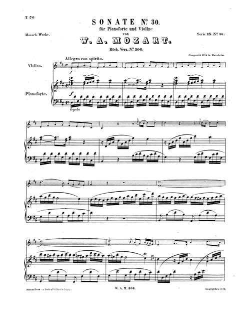 Mozart Wolfgang Amadeus Violin Sonata No 23 In D Major K 306 300l For Violin Free Sheet