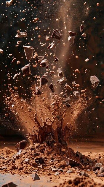 Dark Chocolate Bars Breaking Apart With Cocoa Powder And Chocolate Shards Flying In The Air