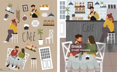 커피숍을 테마로 한 고립된 물건과 귀여운 벡터 일러스트레이션 테이블에서 커피를 마시고 바리스타와 함께 음료를 준비하는 바리스타